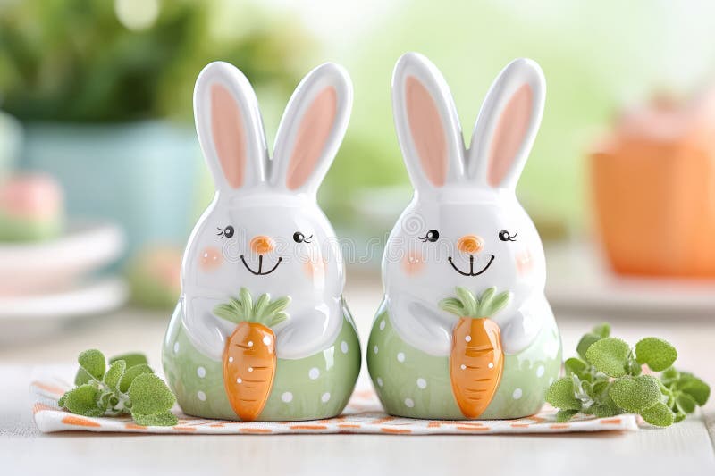 Adorable Ceramic Easter Bunny Figurines with Polka Dot Bow Ties Stock ...