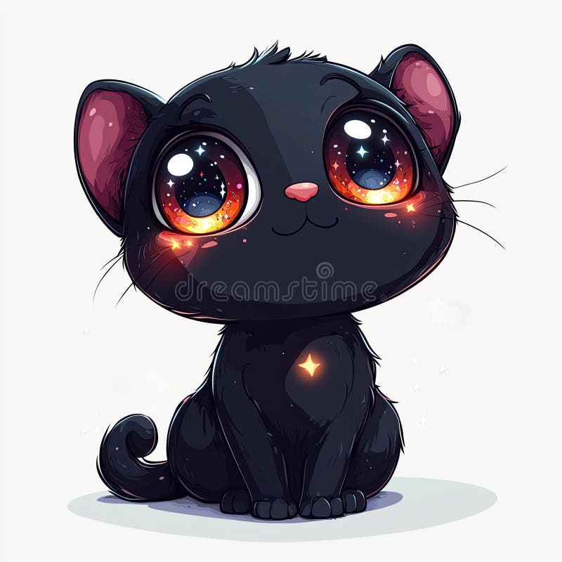 Adorable Chibi Black Cat with Starry Eyes and Cute Expression Stock ...