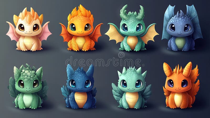 Adorable Chibi Dragons in Various Colors Stock Illustration ...