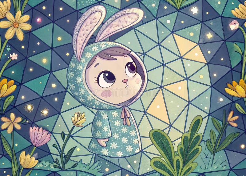 Adorable Chibi Spring Character in a Geometric Night Scene a Digital ...