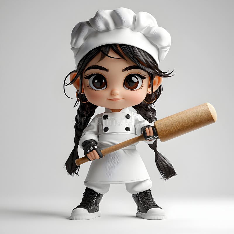 Cute Chibi Chef Holding Rolling Pin on Clean White Background Stock ...