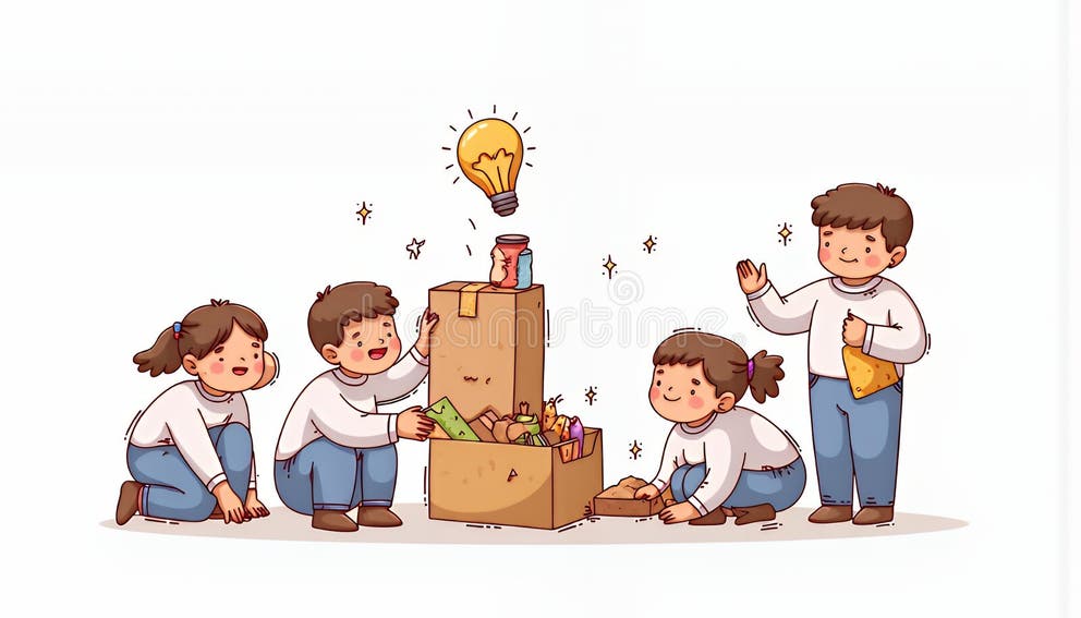 Adorable Chibi-Style Illustration of Children Collaborating on an Eco ...