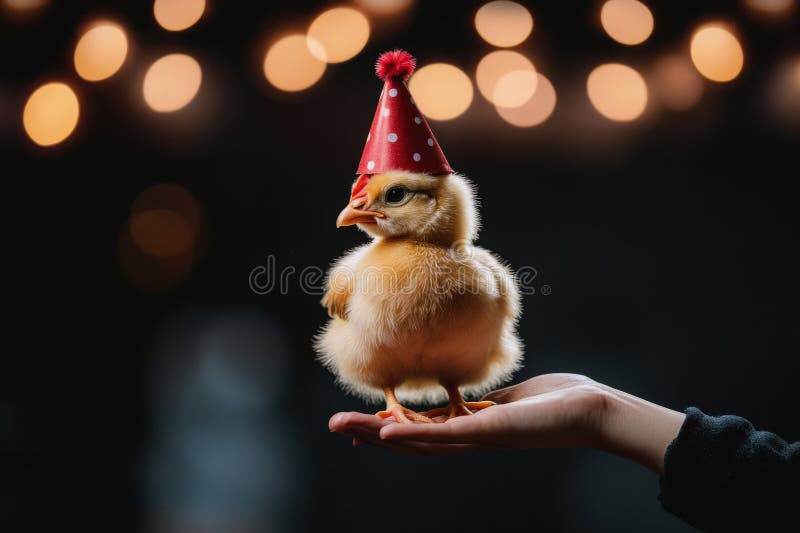 Adorable Chick Wearing Red Party Hat Under Festive Lights Stock Image ...