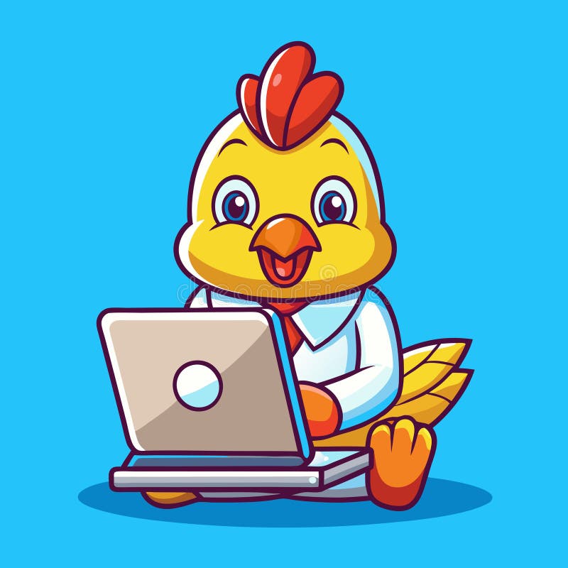 Adorable Chicken Hard at Work on Laptop in Vector Cartoon Style Stock ...
