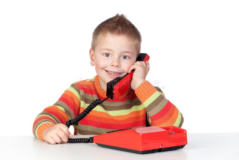 Adorable Toddler Boy Speaking on a Cordless Phone Over White Stock ...