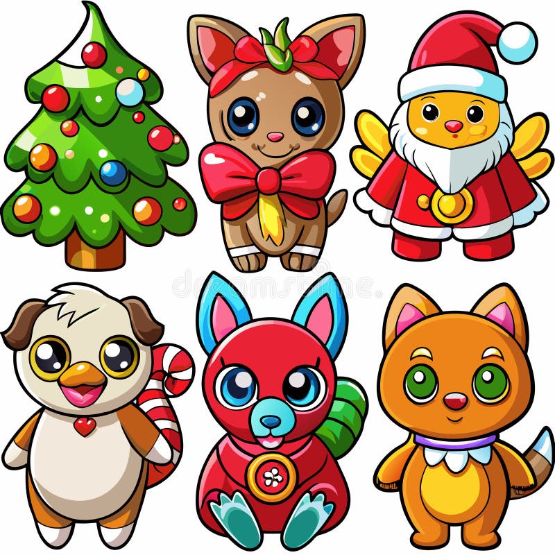 Adorable Christmas Cartoon Animals and Tree Stock Vector - Illustration ...