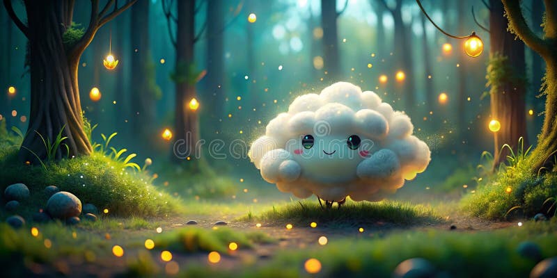 Adorable Cloud Creature Delighted in Enchanted Firefly Filled Forest ...