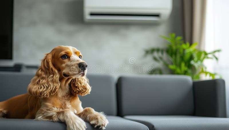 Adorable Cocker Spaniel Relaxing on Sofa in Room with Operating Air ...