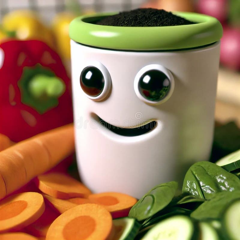 Adorable Compost Bin with a Smiling Face Surrounded by Fresh Vegetables ...
