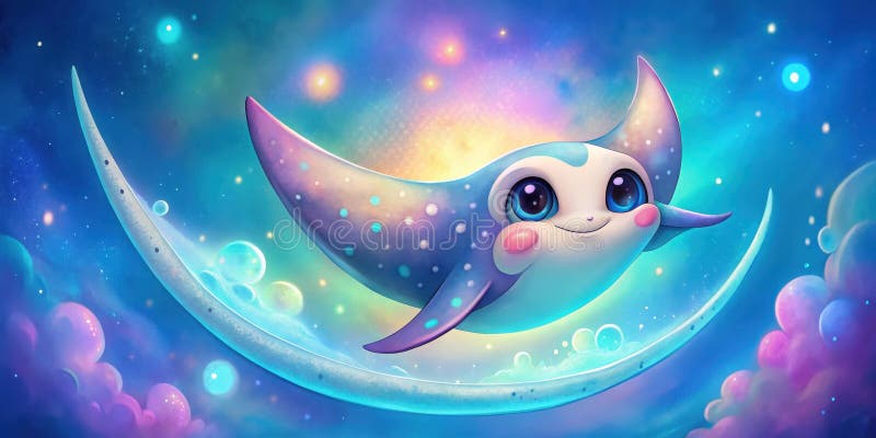 Adorable Cosmic Ray Soars on a Crescent Moon, Surrounded by Sparkling ...