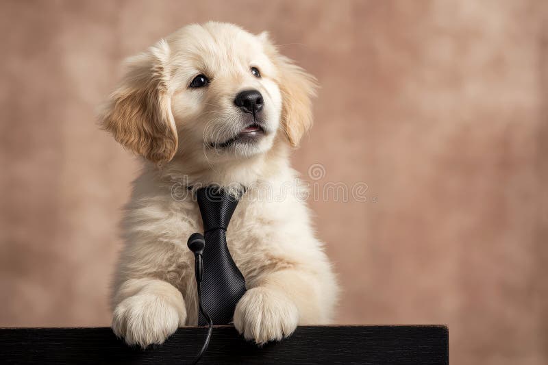 Adorable Cream Puppy at Podium with Microphone. Stock Image - Image of ...