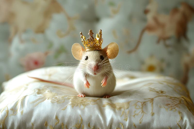 Adorable Crowned Mouse Sitting on a Plush Cushion Stock Illustration ...