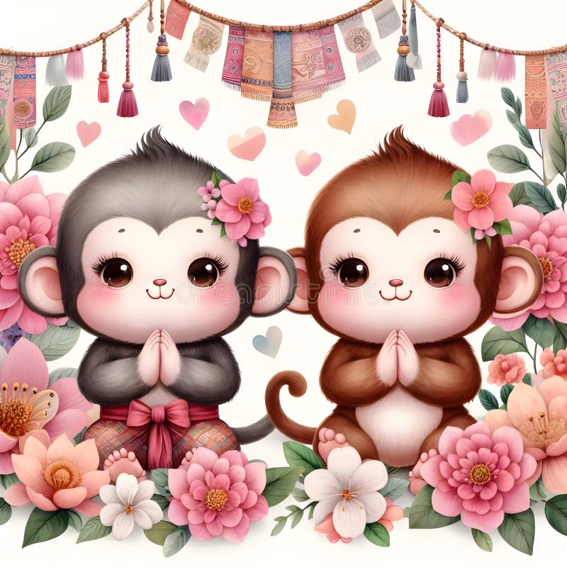 Adorable Cute Monkey Couple Stock Illustration - Illustration of ...