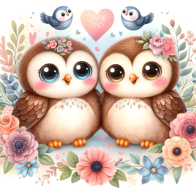 Adorable cute owl couple stock illustration. Illustration of elephant ...