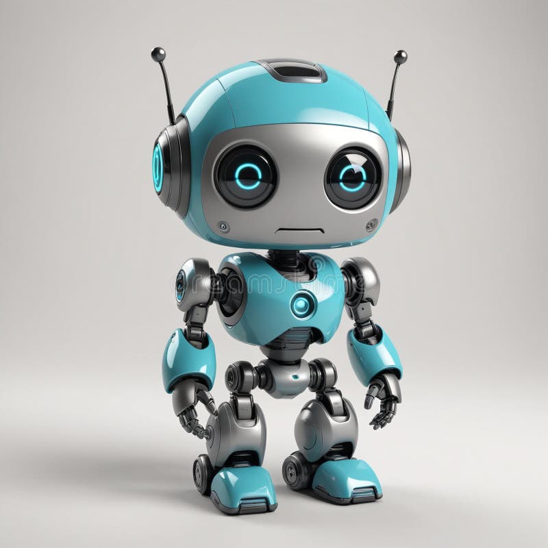 Adorable Cyan and Grey Robot Mascot on White Background Stock ...