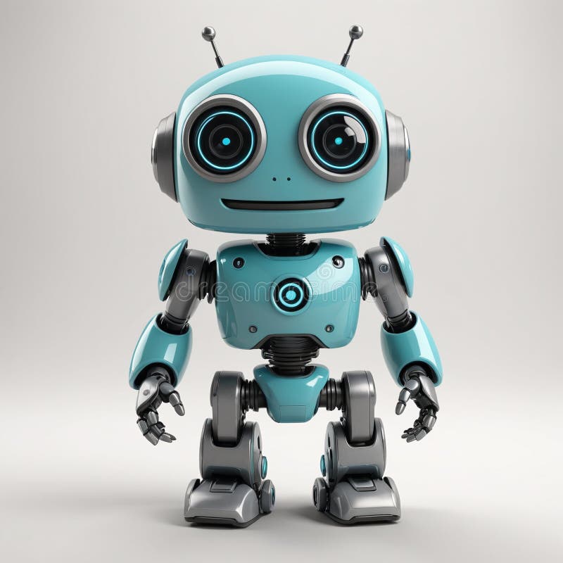 Adorable Cyan and Grey Robot Mascot on White Background Stock ...