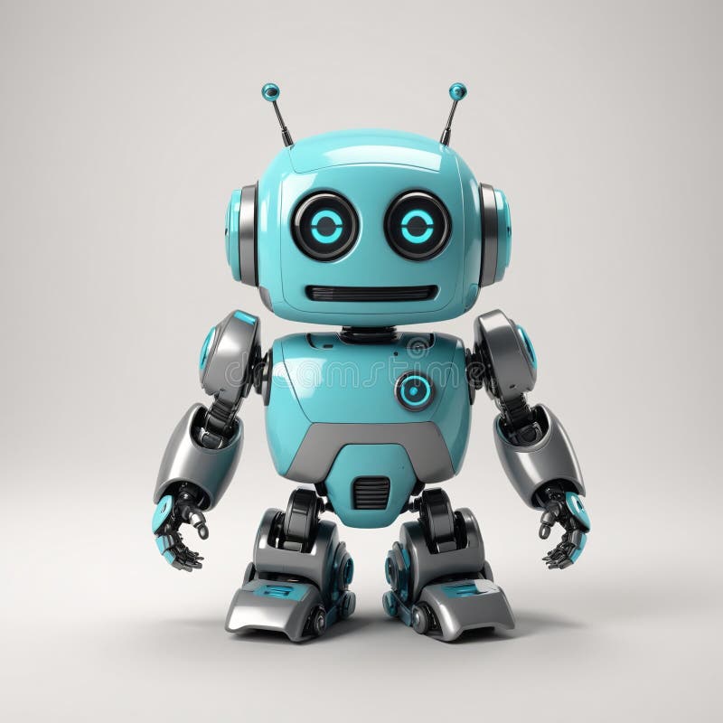 Adorable Cyan and Grey Robot Mascot on White Background Stock ...
