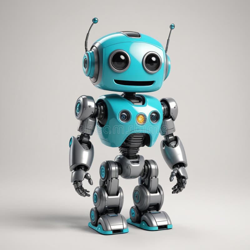 Adorable Cyan and Grey Robot Mascot on White Background Stock ...