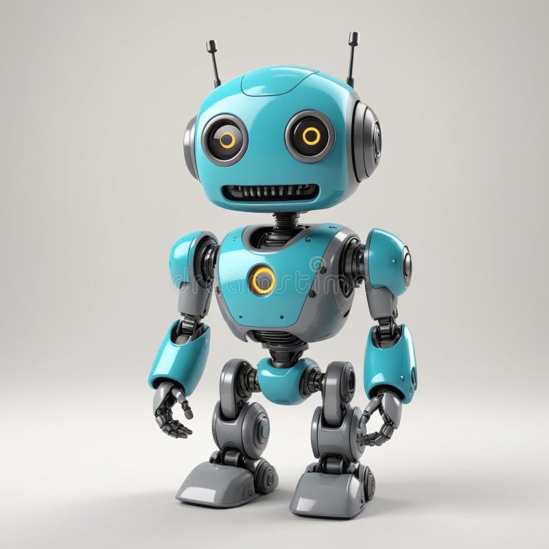 Adorable Cyan and Grey Robot Mascot on White Background Stock ...