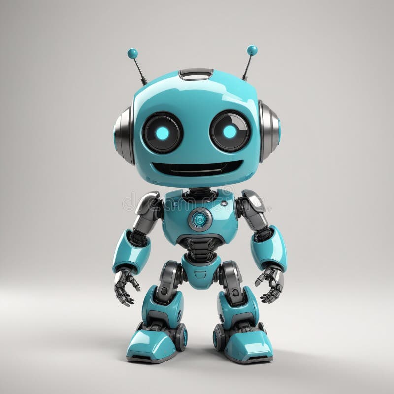 Adorable Cyan and Grey Robot Mascot on White Background Stock ...