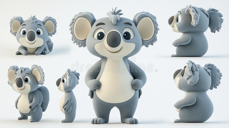 Adorable 3D Cartoon Koala Bear in Multiple Poses, Isolated on White ...