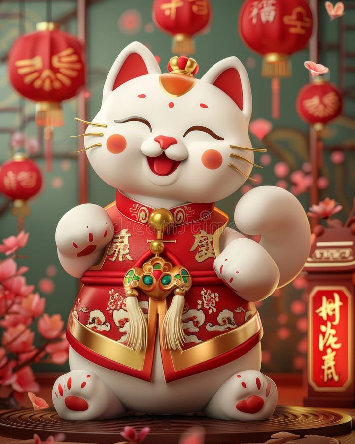 Adorable 3d Chinese Cat Character with Delightful Red Tone and Cheerful ...