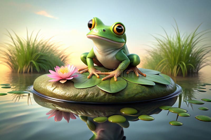 Adorable 3D Frog in a Whimsical Landscape Charming Photography on a Pristine White Background ...
