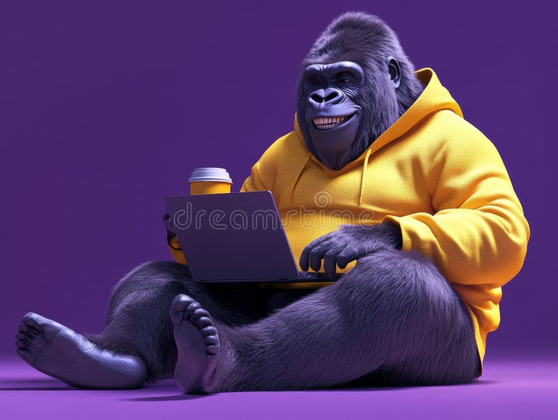 An Adorable 3D Gorilla is Shown Operating a Laptop on a Plain, Solid ...