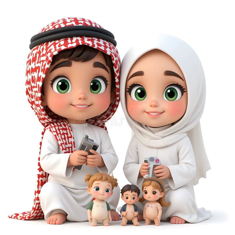 Adorable 3D Render of Arab Couple with Their Three Children Stock ...