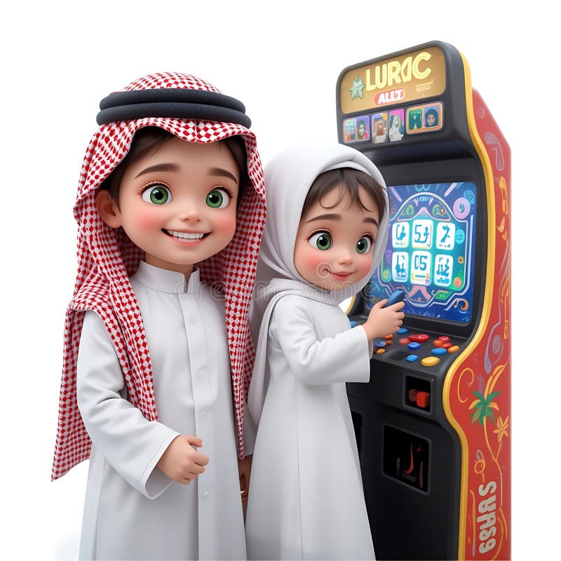 Adorable 3D Render of Arab Saudi Children Playing Arcade Game Stock ...