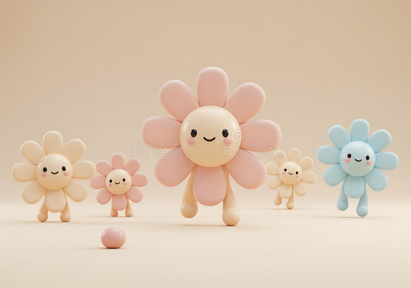 Adorable 3D Render of Happy Flower Characters Playing in Pastel Setting ...