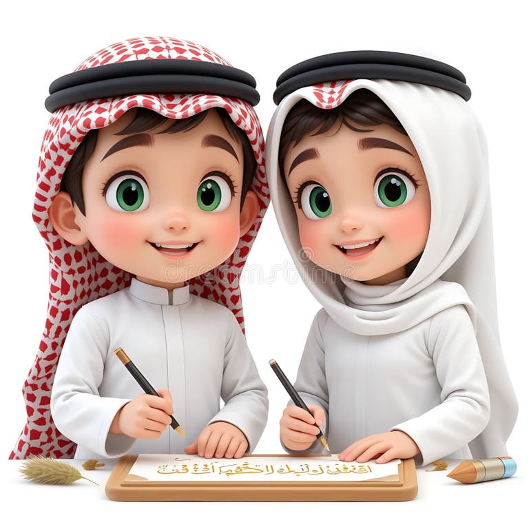 Adorable 3D Render of Two Young Arab Boys Learning Calligraphy Stock ...