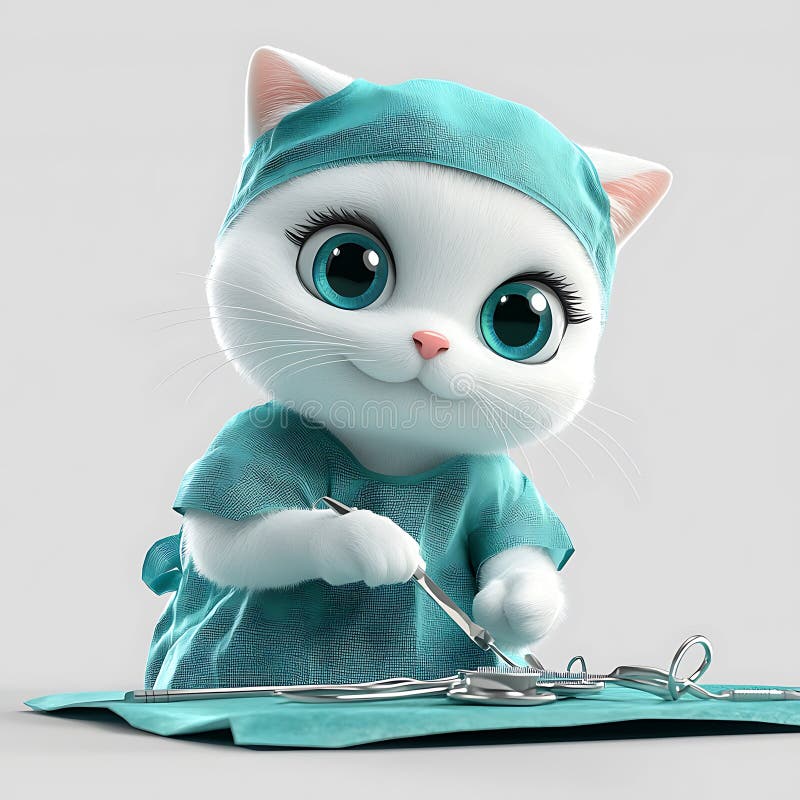 Adorable 3D Render of a White Kitten Dressed As a Surgeon Performing a ...