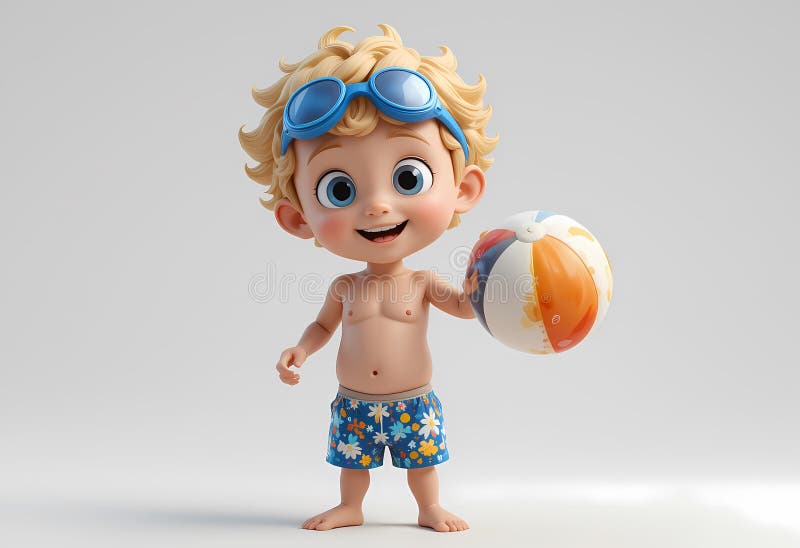 Adorable 3D Rendered Boy with Beach Ball Stock Illustration ...