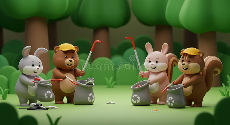 Cute Animals Cleaning the Forest Stock Illustration - Illustration of ...