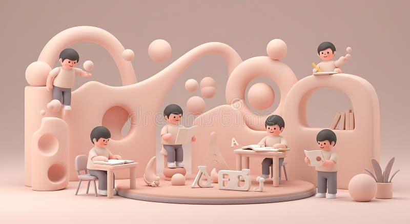 Adorable 3D Rendered Cartoon Children Studying in a Playful Abstract ...