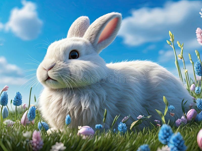 Adorable Rabbit on the Green Grass with Delicate Flowers Stock Photo ...