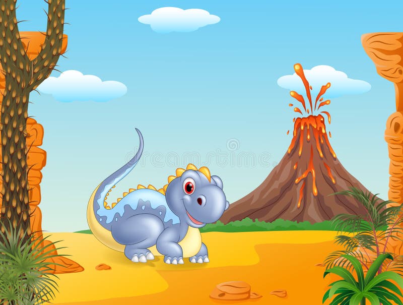 Adorable Dinosaur Sitting with Volcano Background Stock Vector ...