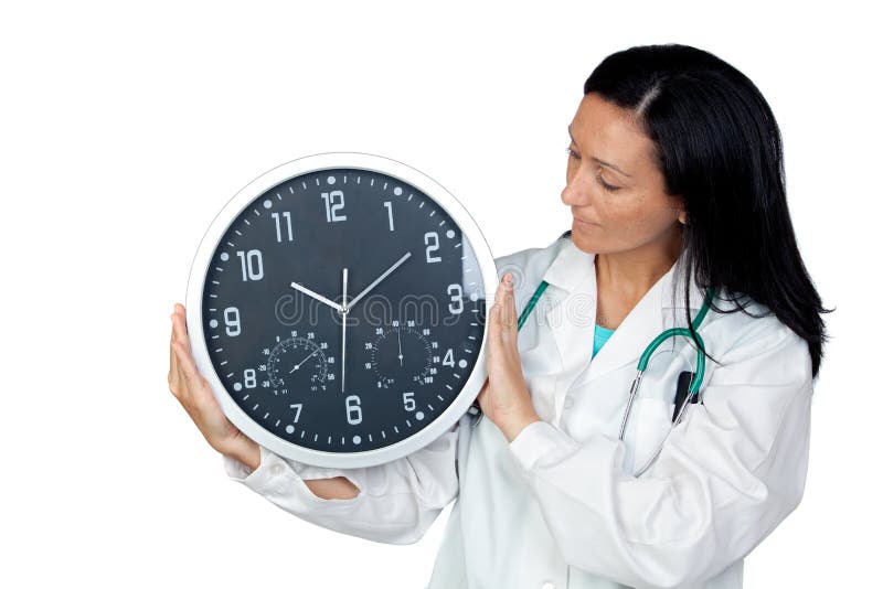 Adorable Doctor with a Big Clock Stock Photo - Image of isolation ...