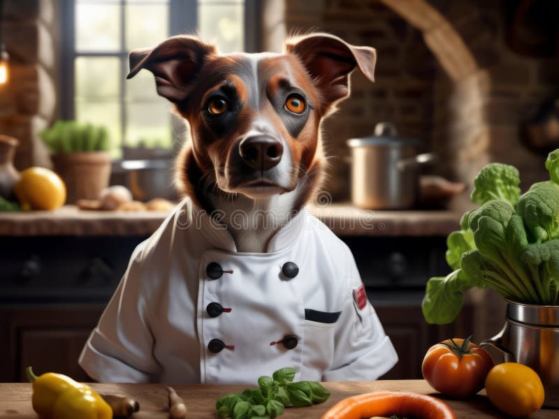 Adorable Dog in Chef Outfit with Fresh Veggies in Rustic Kitchen Stock ...