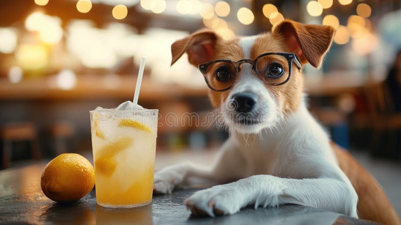 Adorable Dog with Glasses Enjoying Lemonade in a Cozy Cafe Setting ...