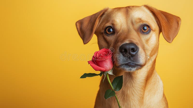 Adorable Dog Holding a Rose on Bright Yellow Background Stock Photo ...