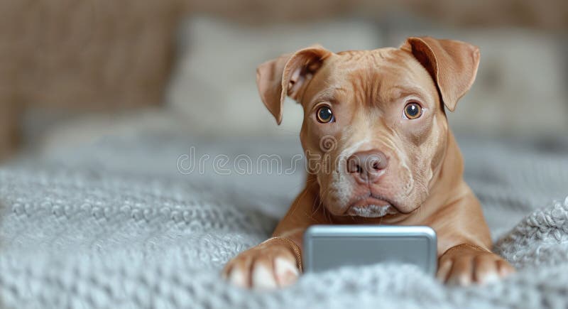 An Adorable Dog Lying on a Bed with a Tablet Stock Illustration ...