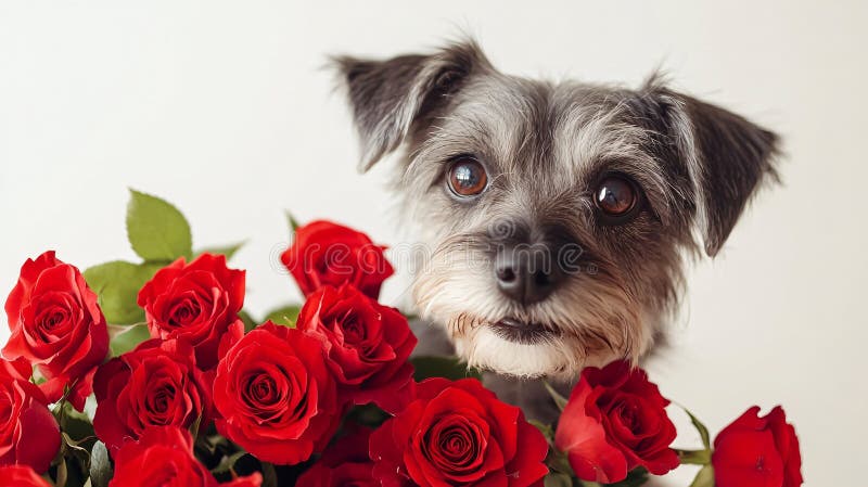 Adorable Dog with Red Roses Bouquet on White Background Stock ...