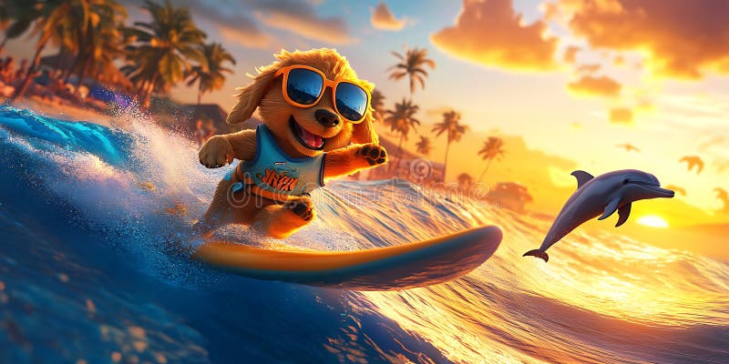 Adorable Dog Surfing Sunset Tropical Beach Scene Stock Illustration ...