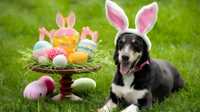 Adorable Dog Wearing Bunny Ears Sits beside Festive Easter Table Stock ...