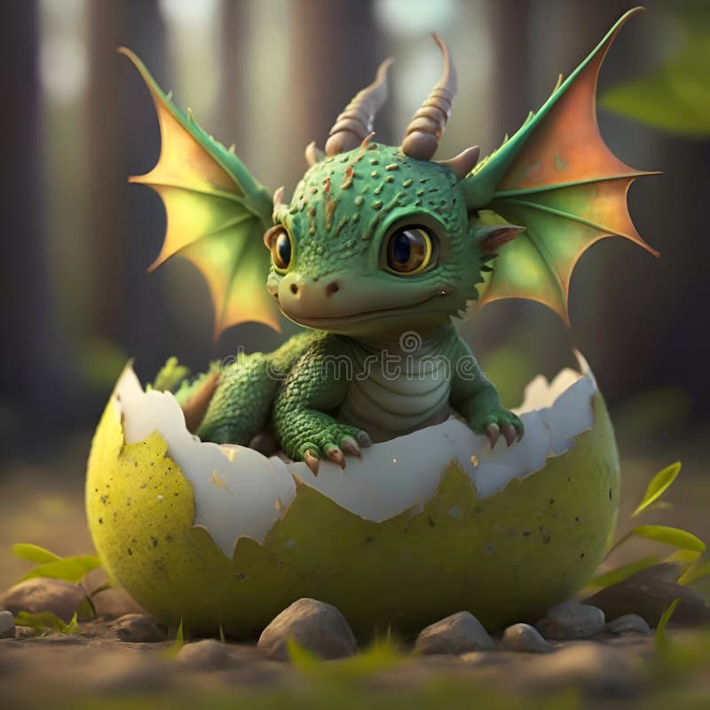 Adorable Dragon Kid Hatched from Egg Shell. Digital Artwork Stock ...