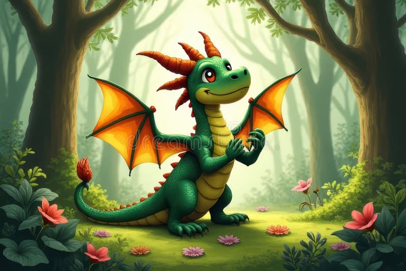 Adorable Dragon Playing in a Magical Forest Stock Illustration ...