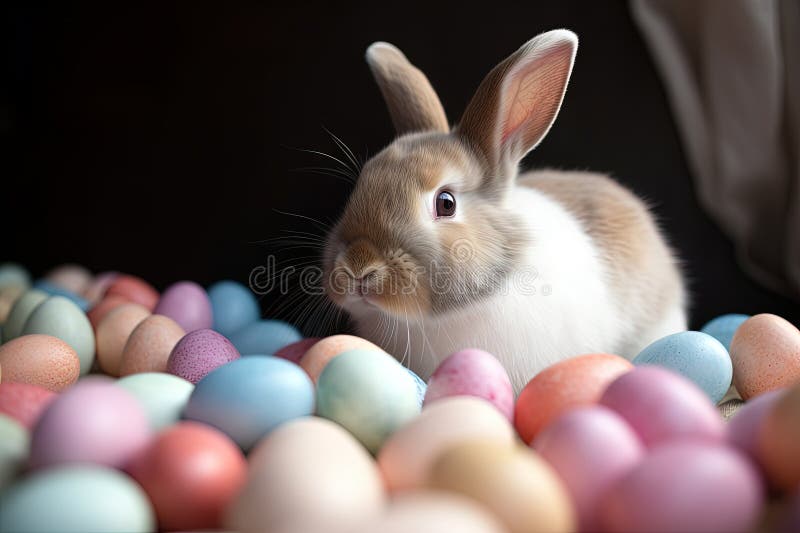 Adorable Easter Bunny With Colorful Easter Eggs Portrait For Easter