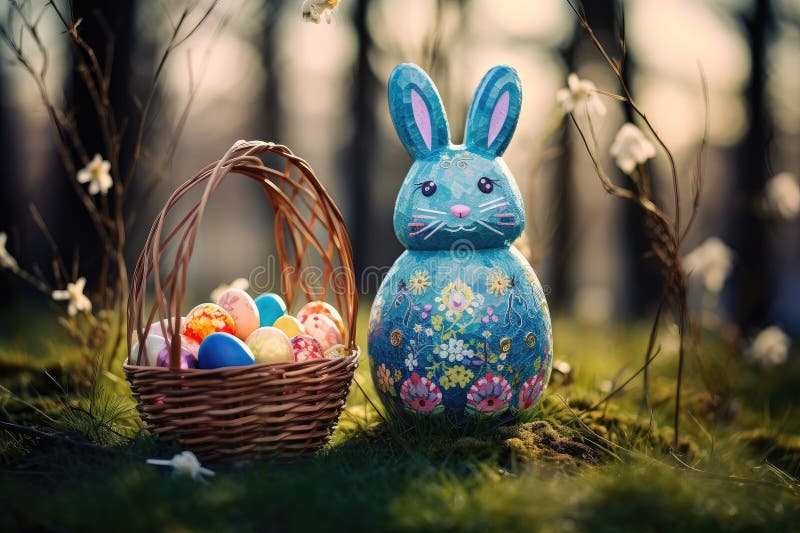 Adorable Easter Bunny with Decorative Egg in a Basket Amidst Spring ...